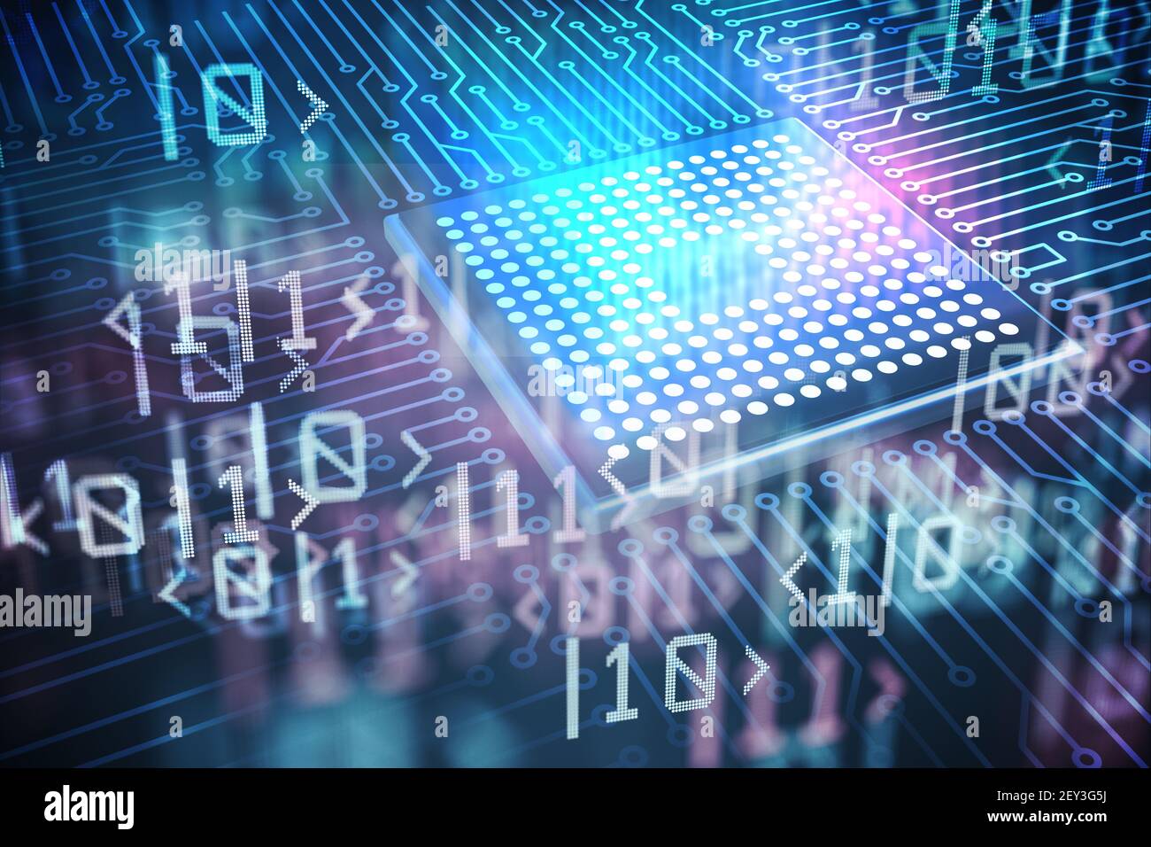 Quantum computing concept. Circuit and qubits in background. 3D ...