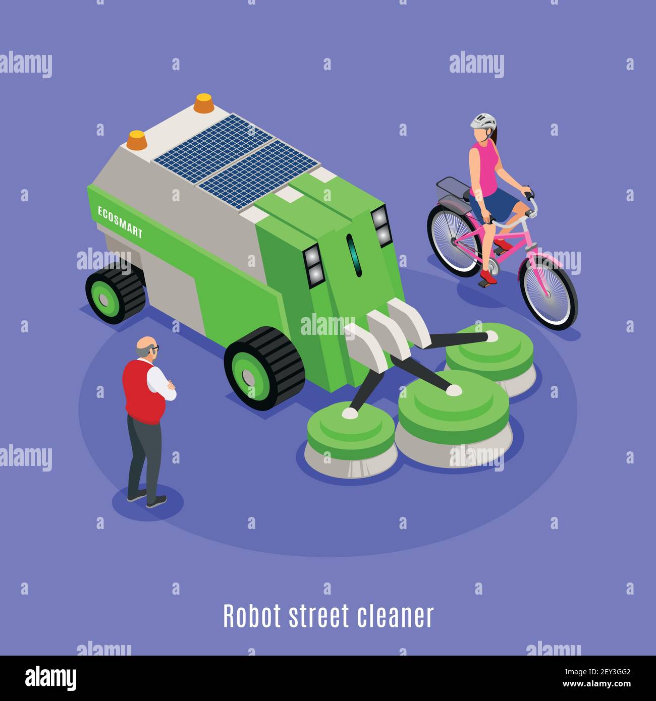 Isometric background with robot street cleaner car with circular ...