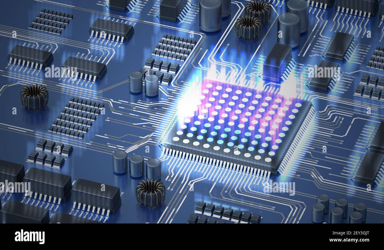 Quantum computing concept. Processor of quantum computer. 3D rendered ...