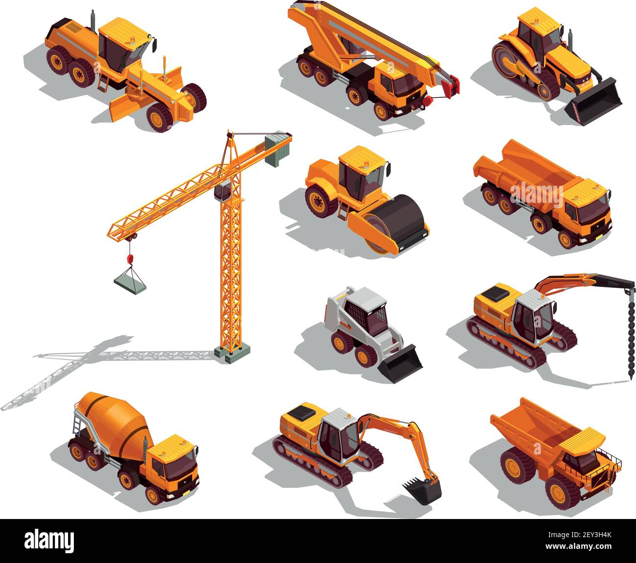 Black yellow construction machinery for road works and building set of ...
