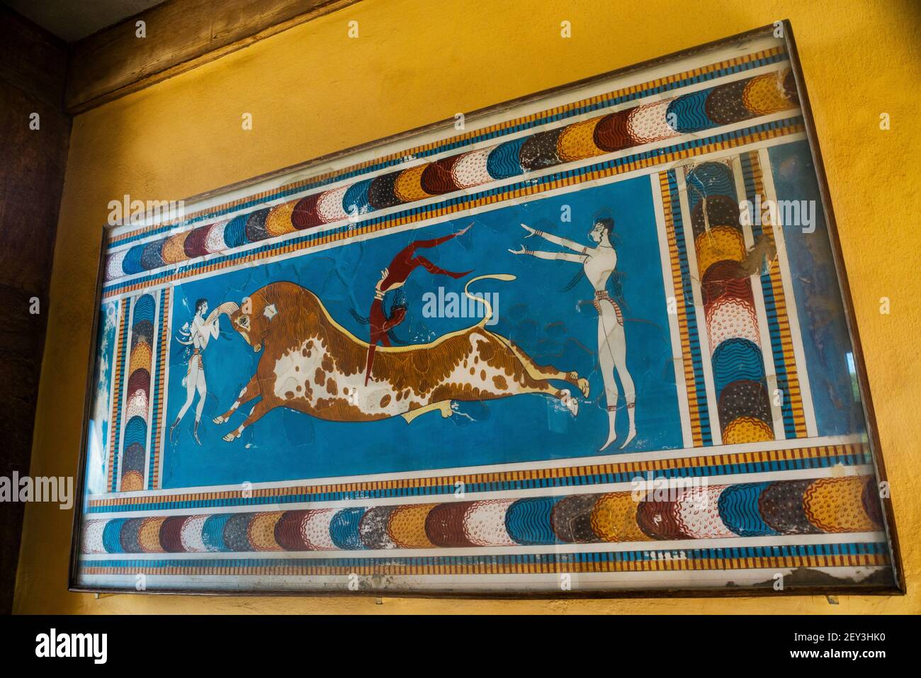 Acrobat leaping over a bull fresco at the Archaeological Museum of ...
