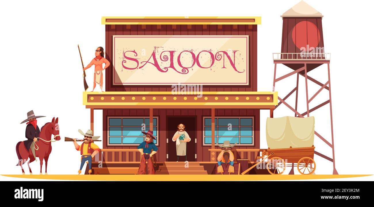 Cowboy composition with wild west scenery and vintage style building of ...