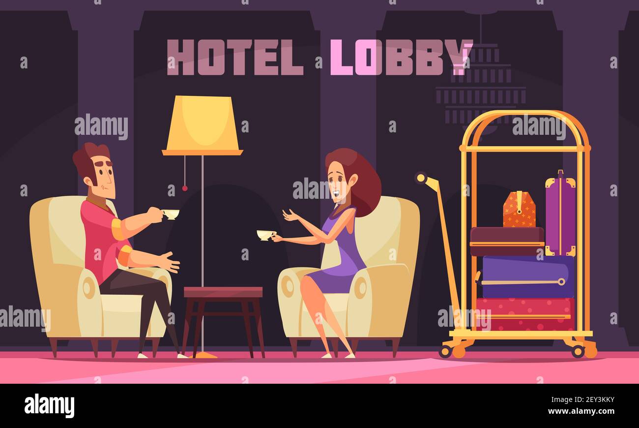 Hotel background composition of two human characters having a meeting ...