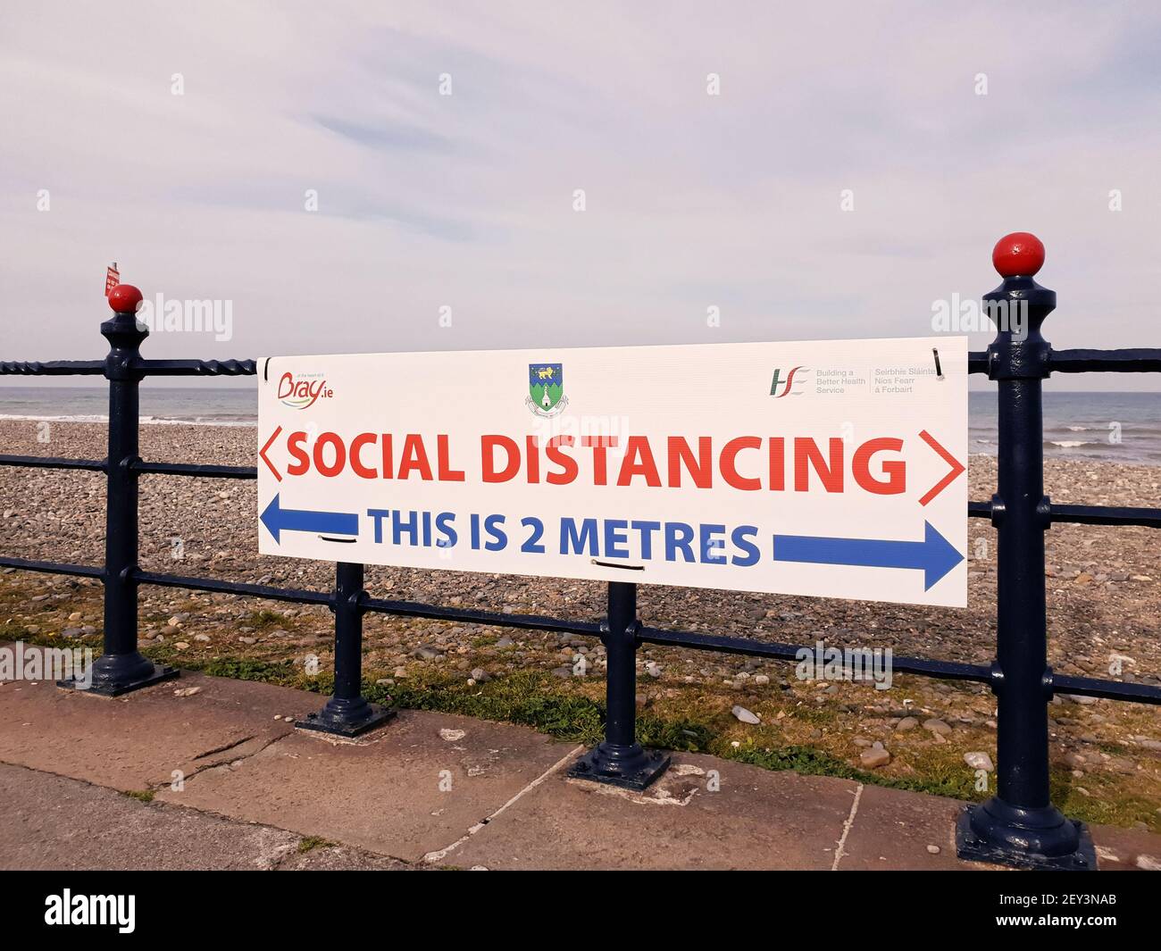 BRAY, IRELAND - Apr 22, 2020: Social distancing sign with an indication ...