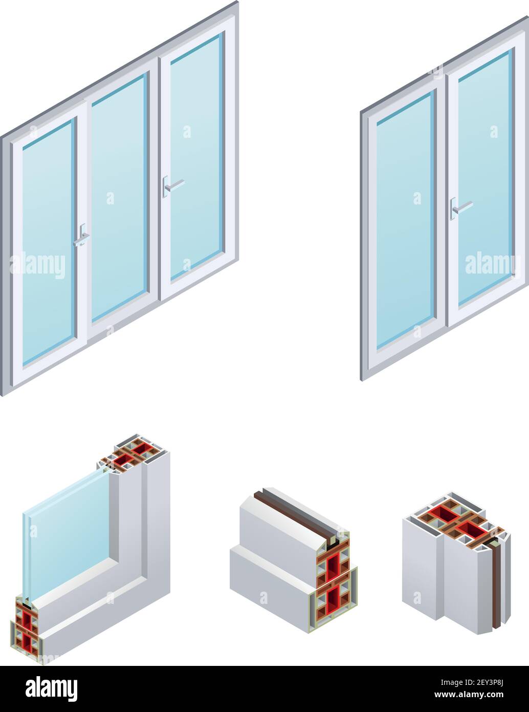 Pvc windows and frame elements with glass isometric icons isolated on ...
