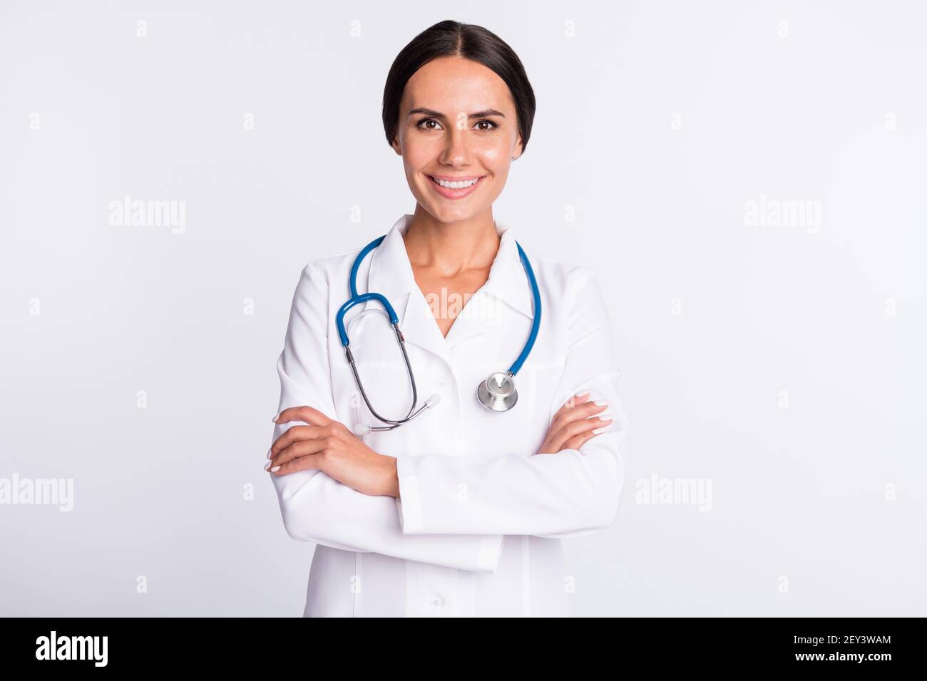 Photo of cute charming young lady doctor dressed uniform smiling ...