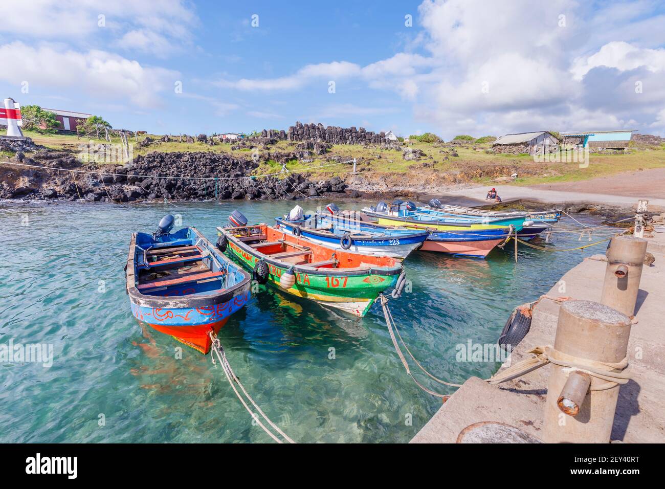 Colourful wooden fishing boats moored at La Perouse (Hanga Ho Onu), a ...
