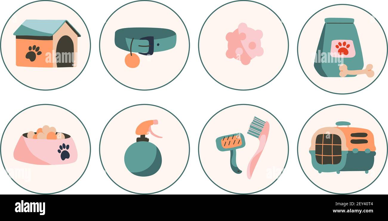 Set of vector icons. Booth, dog collar, ball, bowl of food, brushes ...