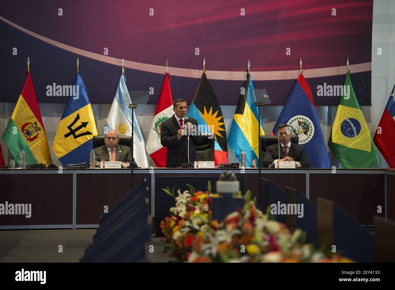 Peruvian President Ollanta Humala makes opening remarks at the opening ...