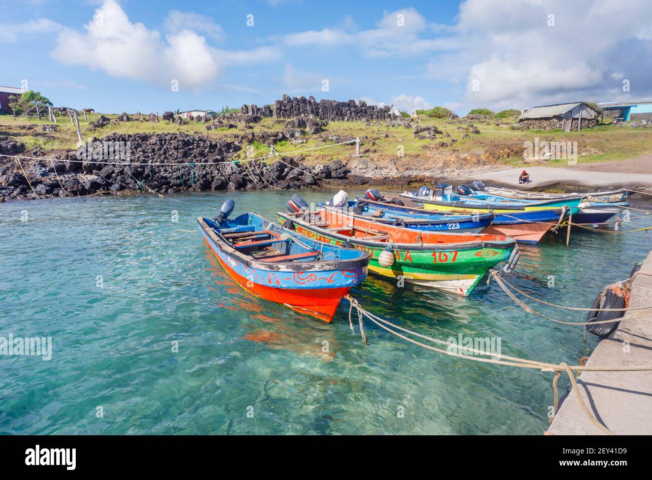 Colourful wooden fishing boats moored at La Perouse (Hanga Ho Onu), a ...
