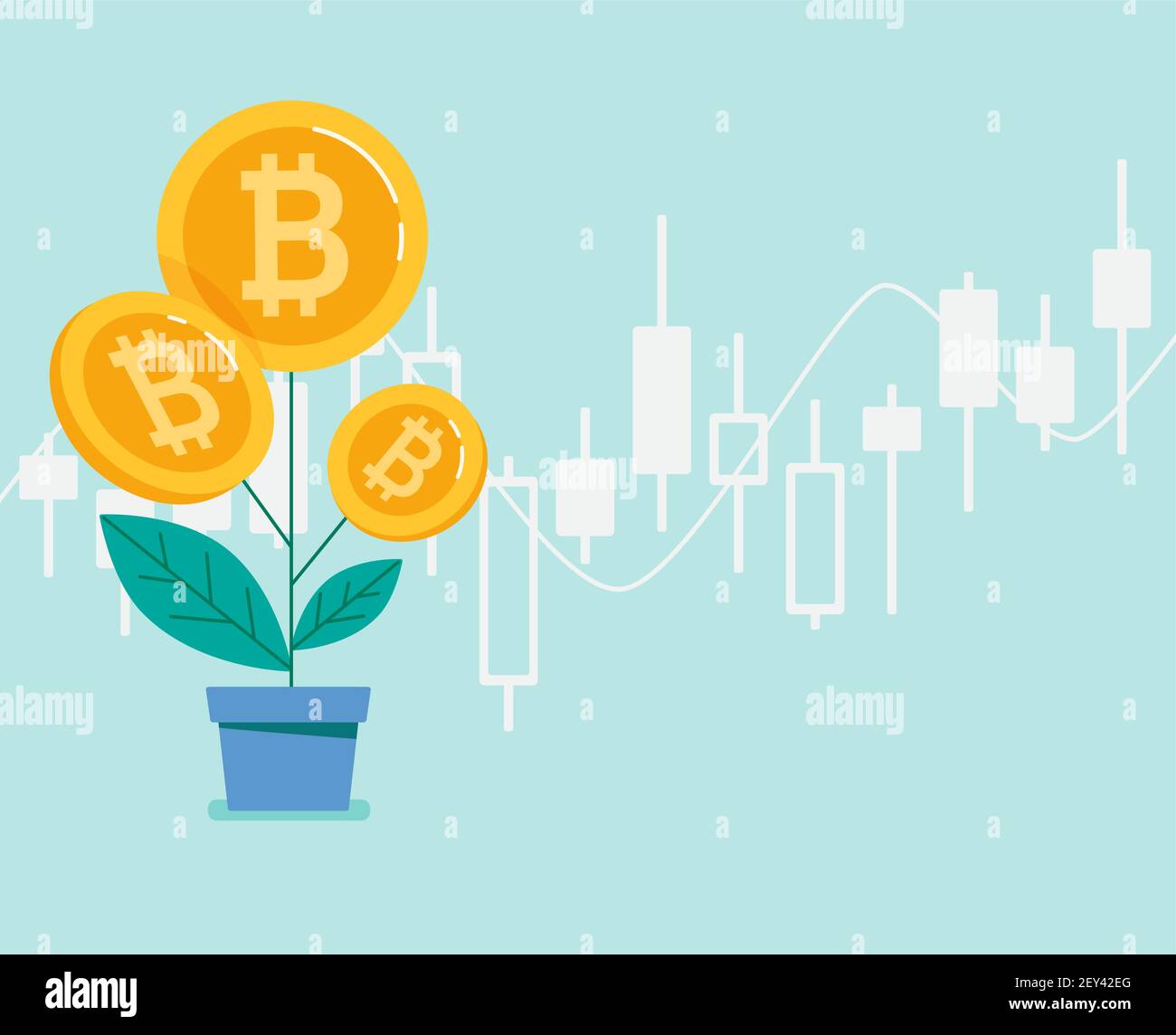 Growing bitcoin, banner. Japanese candlestick chart. Blockchain ...