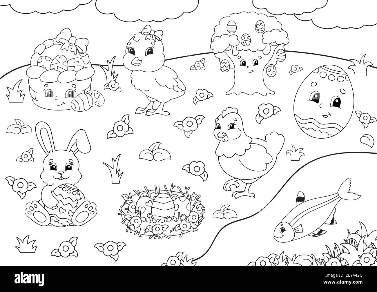 Coloring book for kids. Easter clipart. Cheerful characters. Vector ...