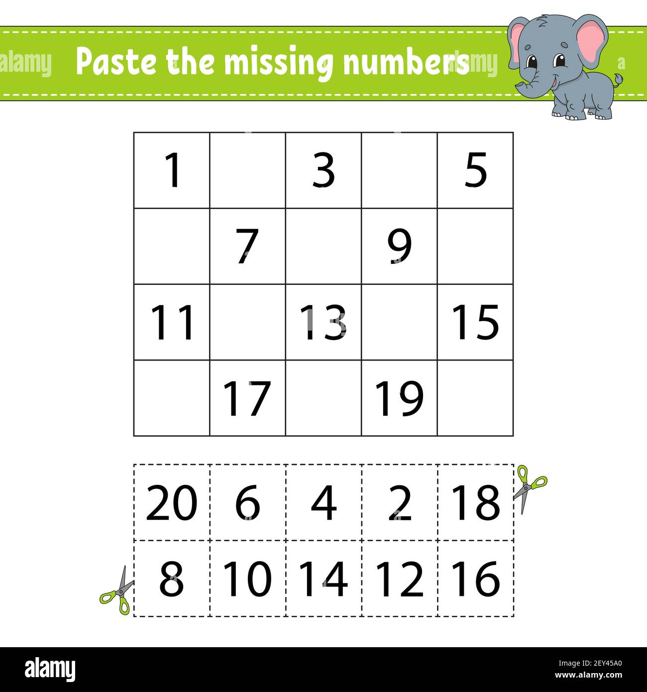 Paste the missing numbers 1-20. Game for children. Handwriting practice ...