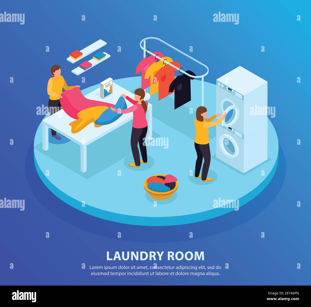 Laundry room isometric background with editable text and circle ...