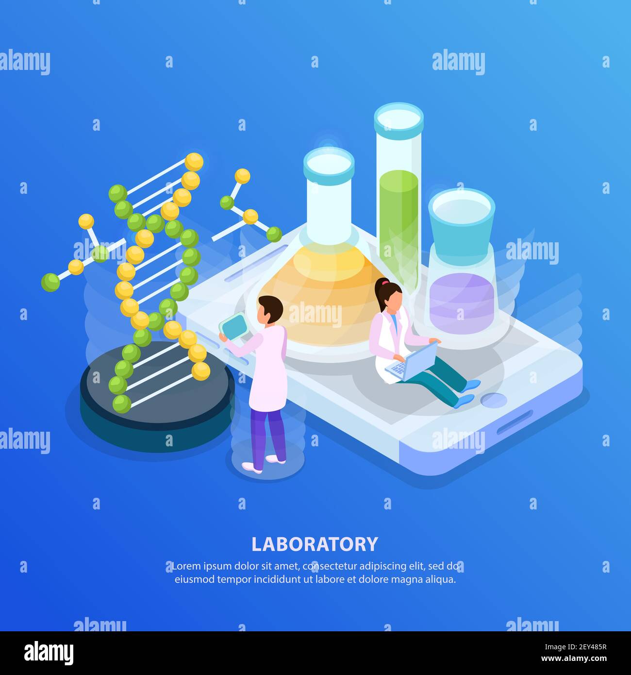 Science research isometric glow background with images of dna molecule ...