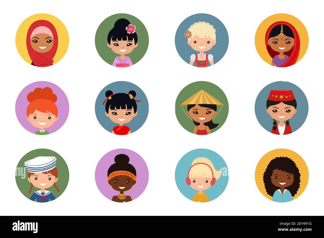 User icons of women of different nation on multicolor background ...