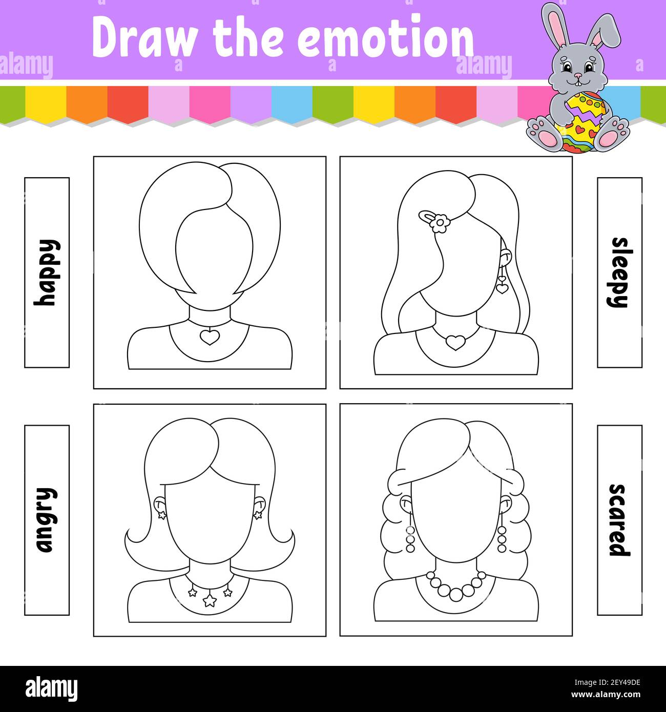 Draw the emotion. Worksheet complete the face. Coloring book for kids ...