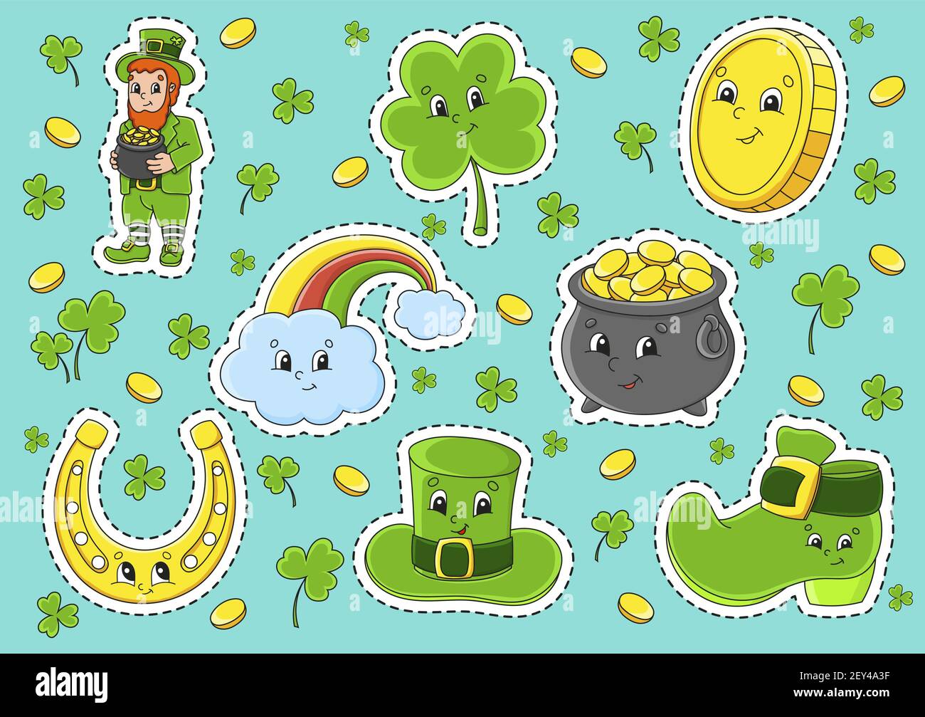 Set of stickers with cute cartoon characters. St. Patrick's Day. Hand ...