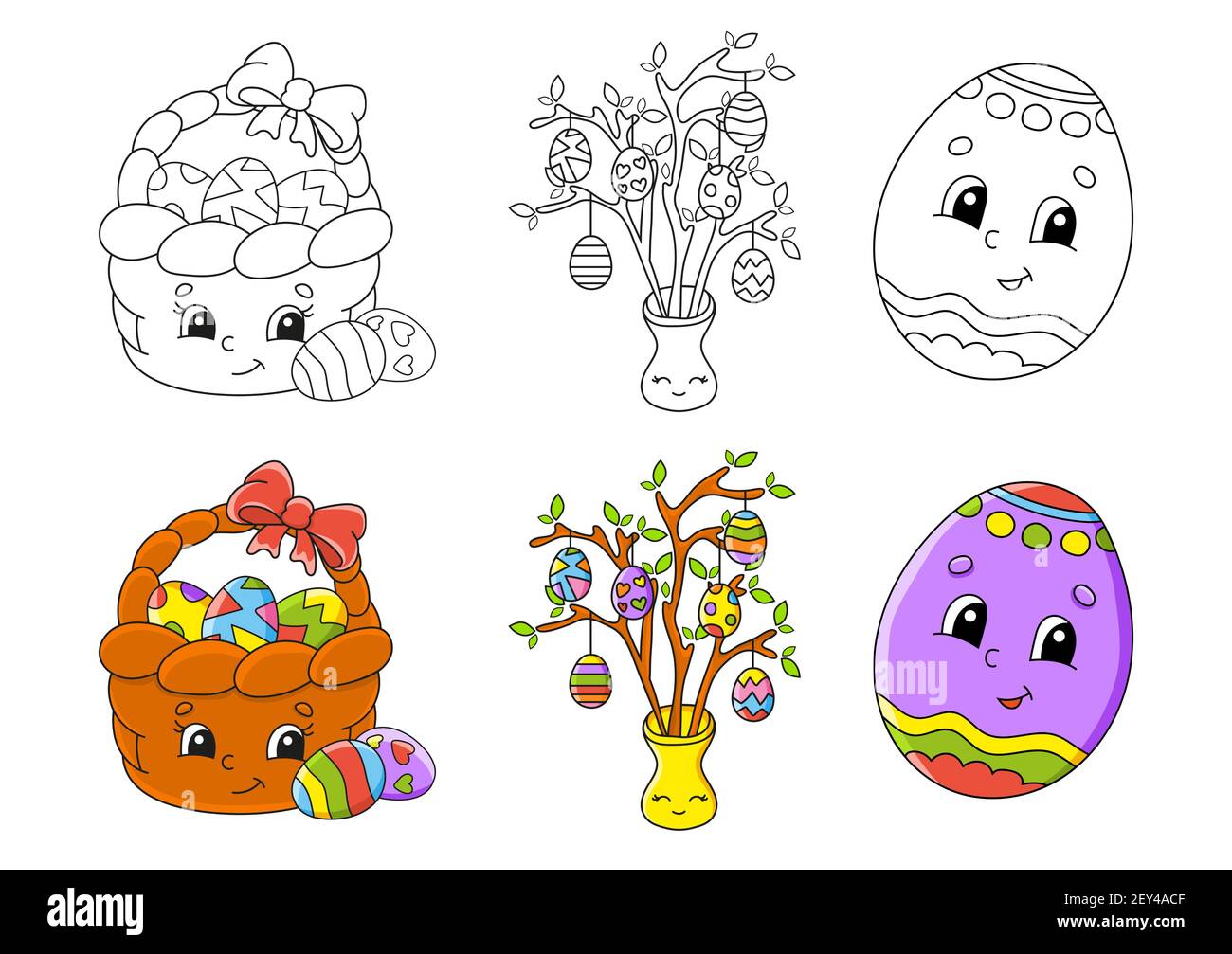 Easter theme. Set coloring page for kids. Cute cartoon characters ...