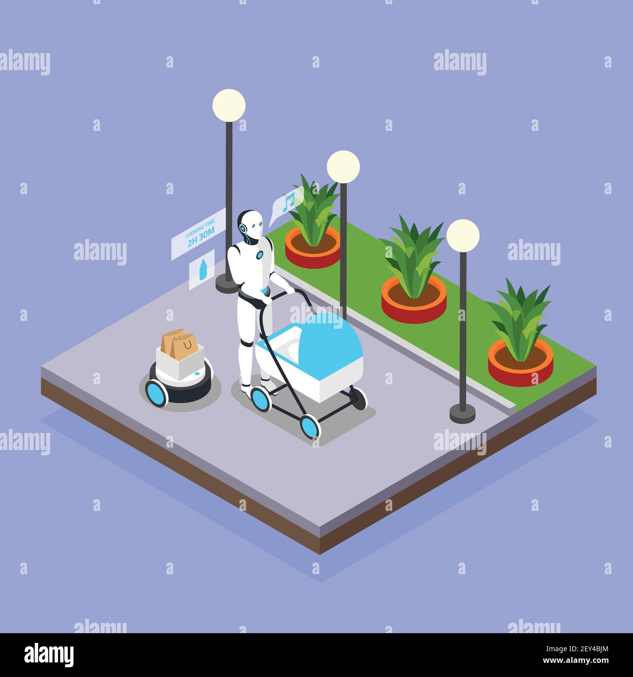 Home robots taking care of children isometric background composition ...