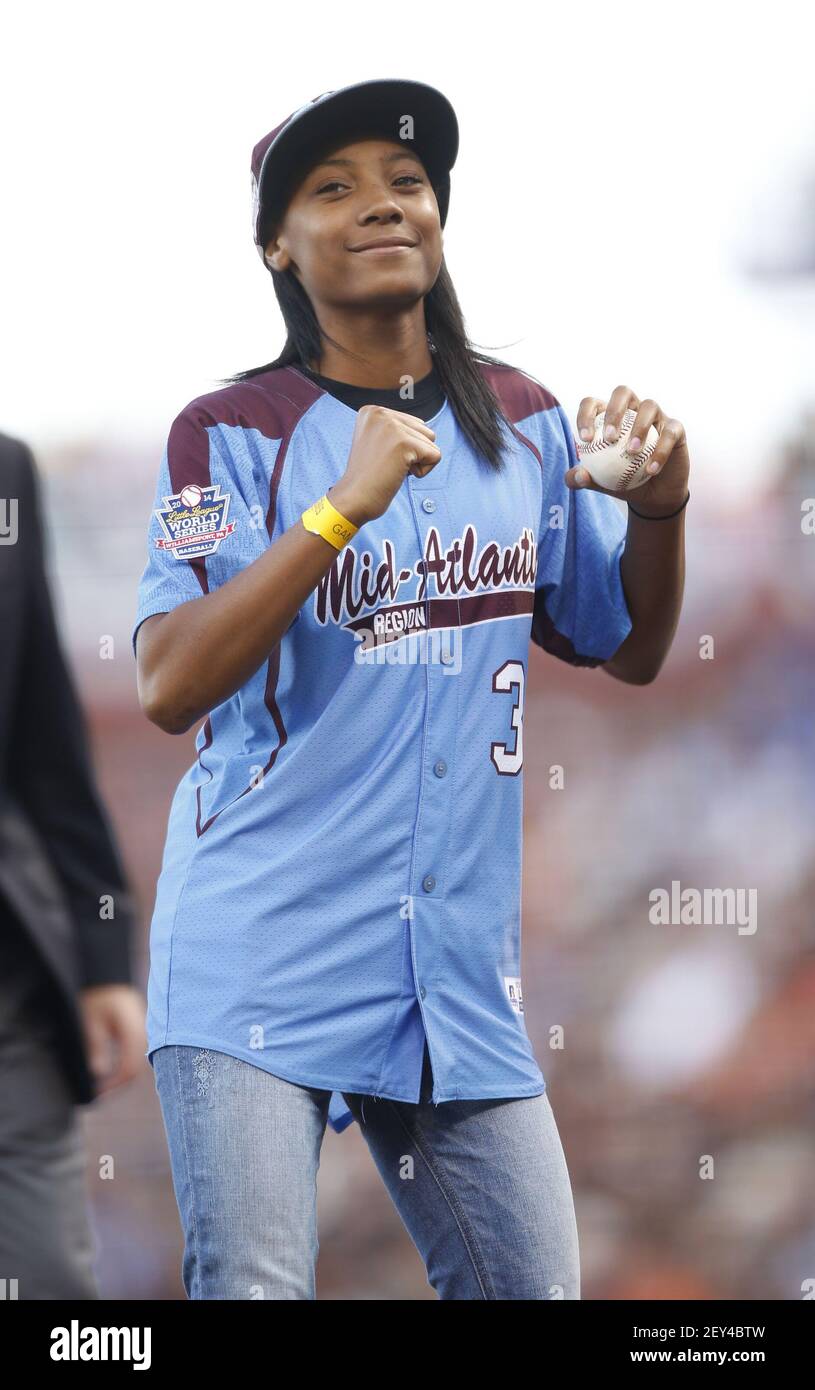 Mo'ne Davis, of Little League World Series fame, reacts after throwing ...