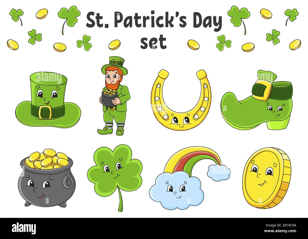 Set of stickers with cute cartoon characters. St. Patrick's Day. Hand ...
