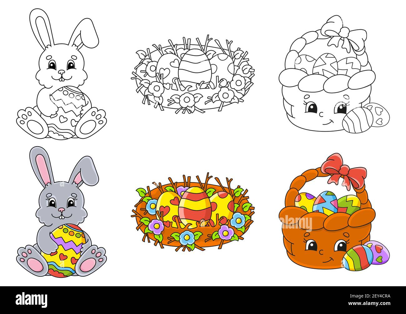 Easter theme. Set coloring page for kids. Cute cartoon characters ...