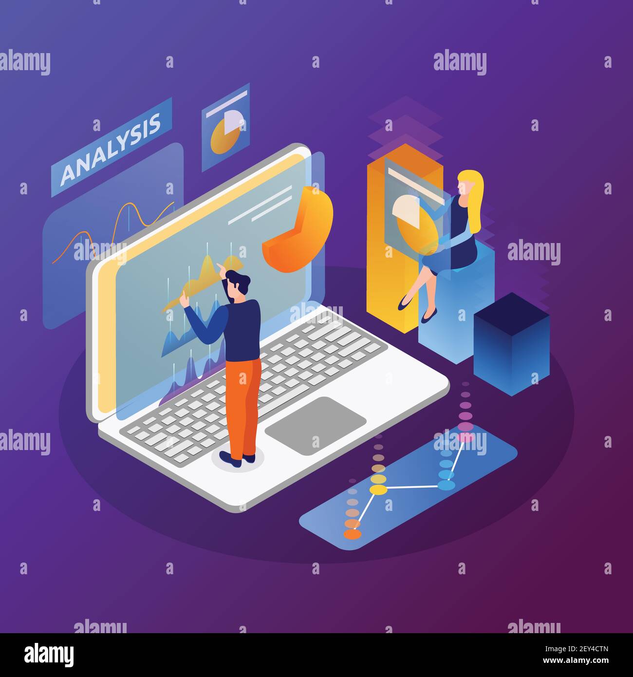 Computer data analysis interface isometric background composition with ...