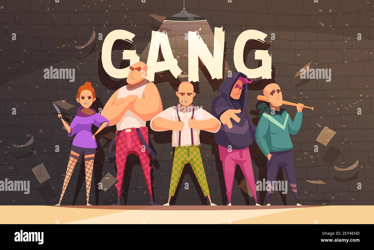 Criminal background with set of five flat cartoon characters of outcast ...