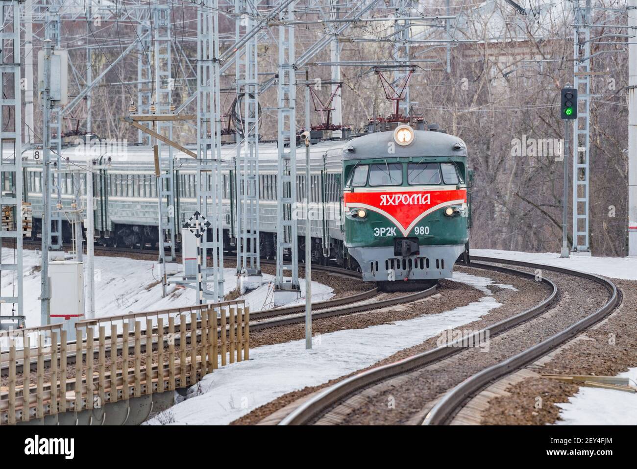 Moscow, Russia - March 04, 2021: Retro passenger train ER-2K number 980 ...