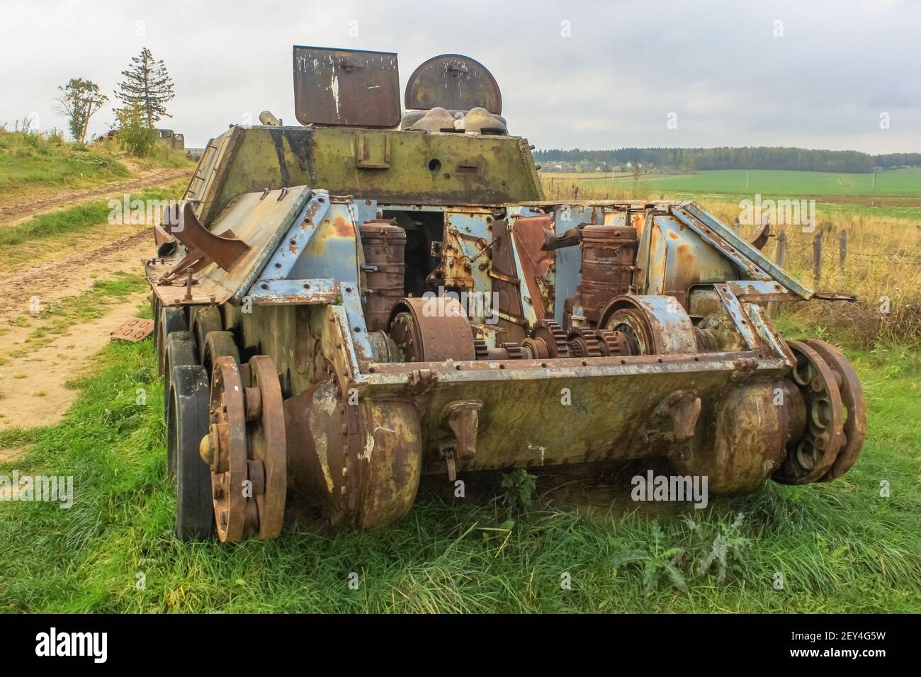 Minsk, Belaraus - October 2, 2012: A rusty Soviet tank without tracks ...