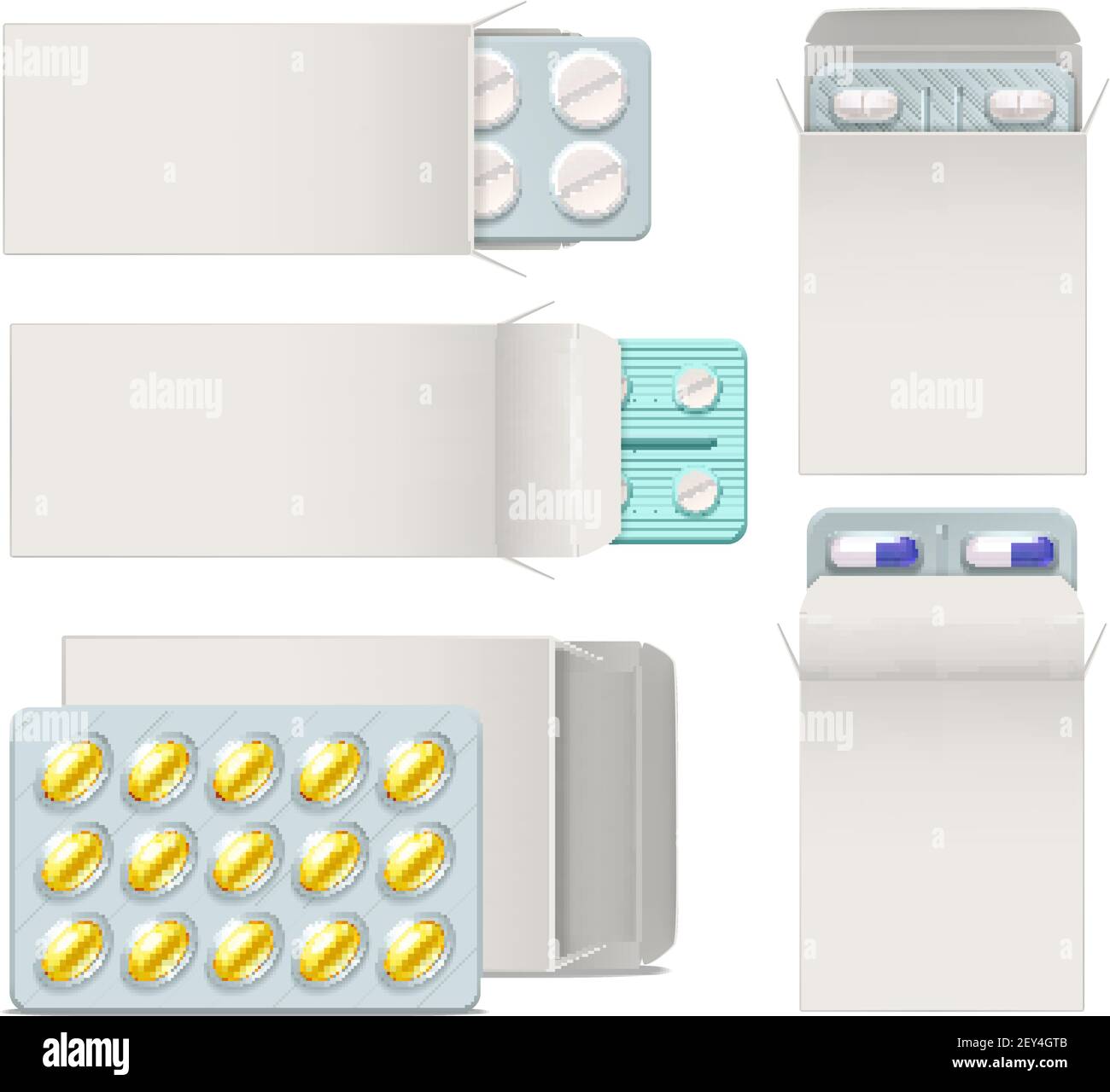 Realistic set of opened paper packaging with blisters of medicine pills ...