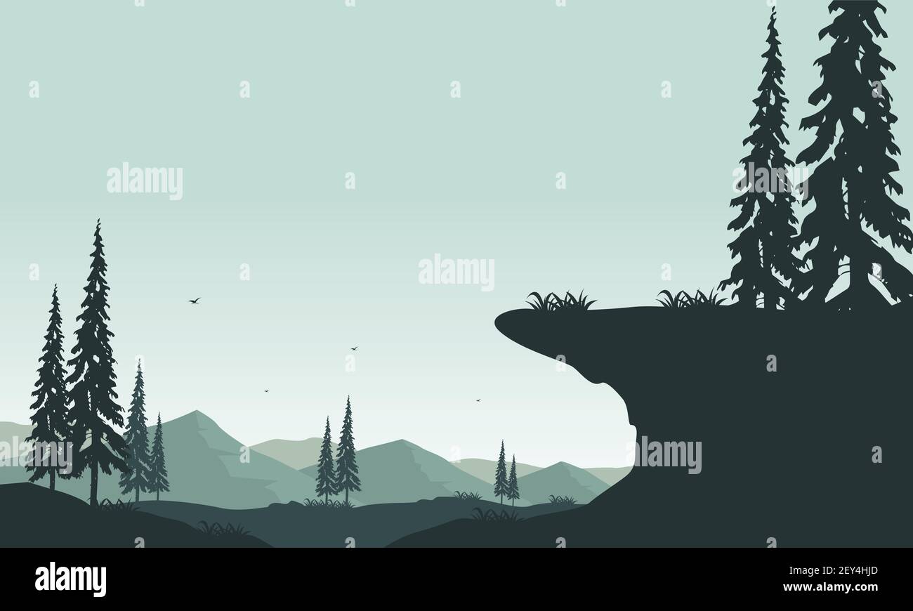 Amazing silhouette of mountains and trees in the morning. Vector ...