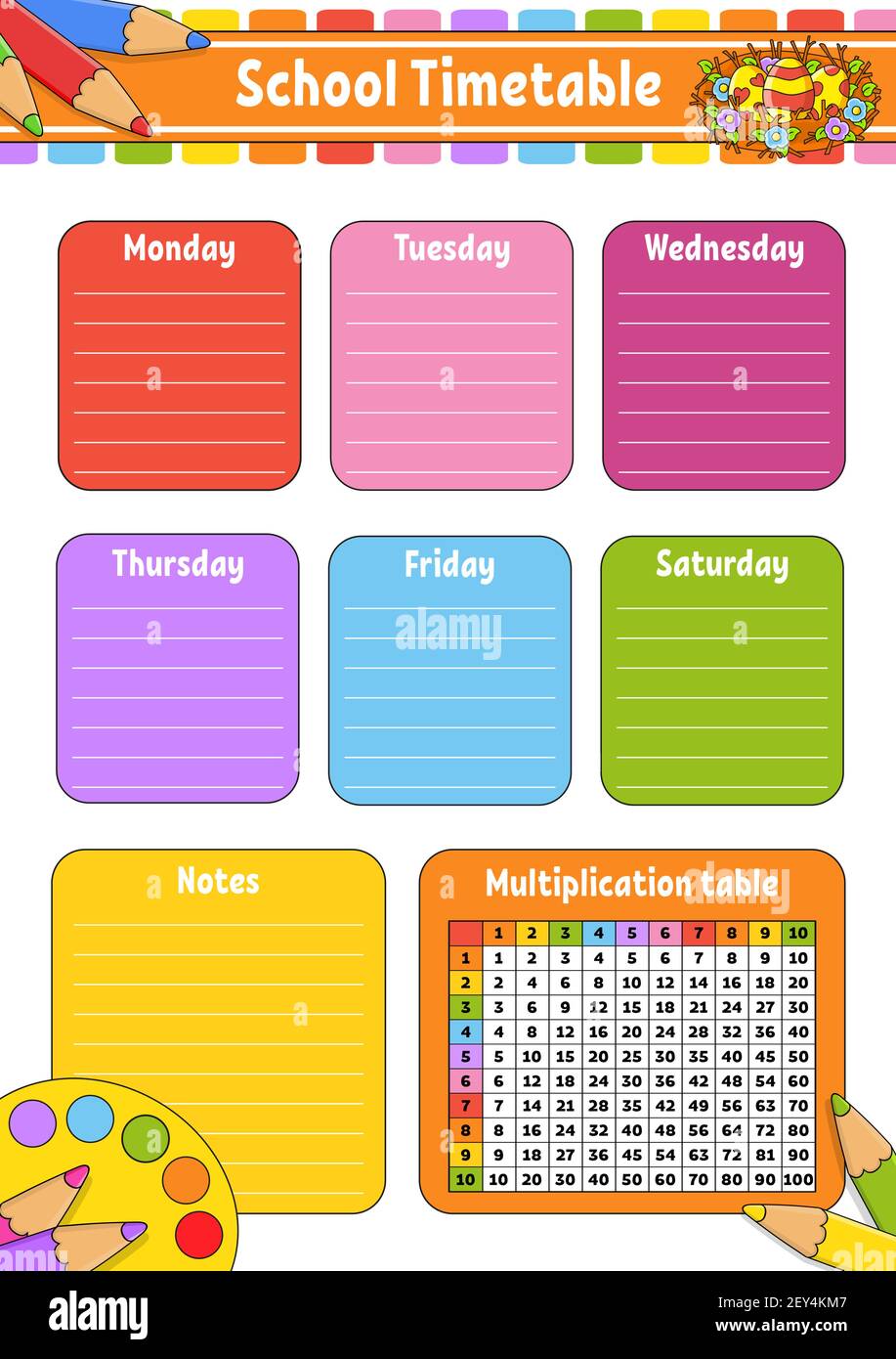 School timetable with multiplication table. For the education of ...