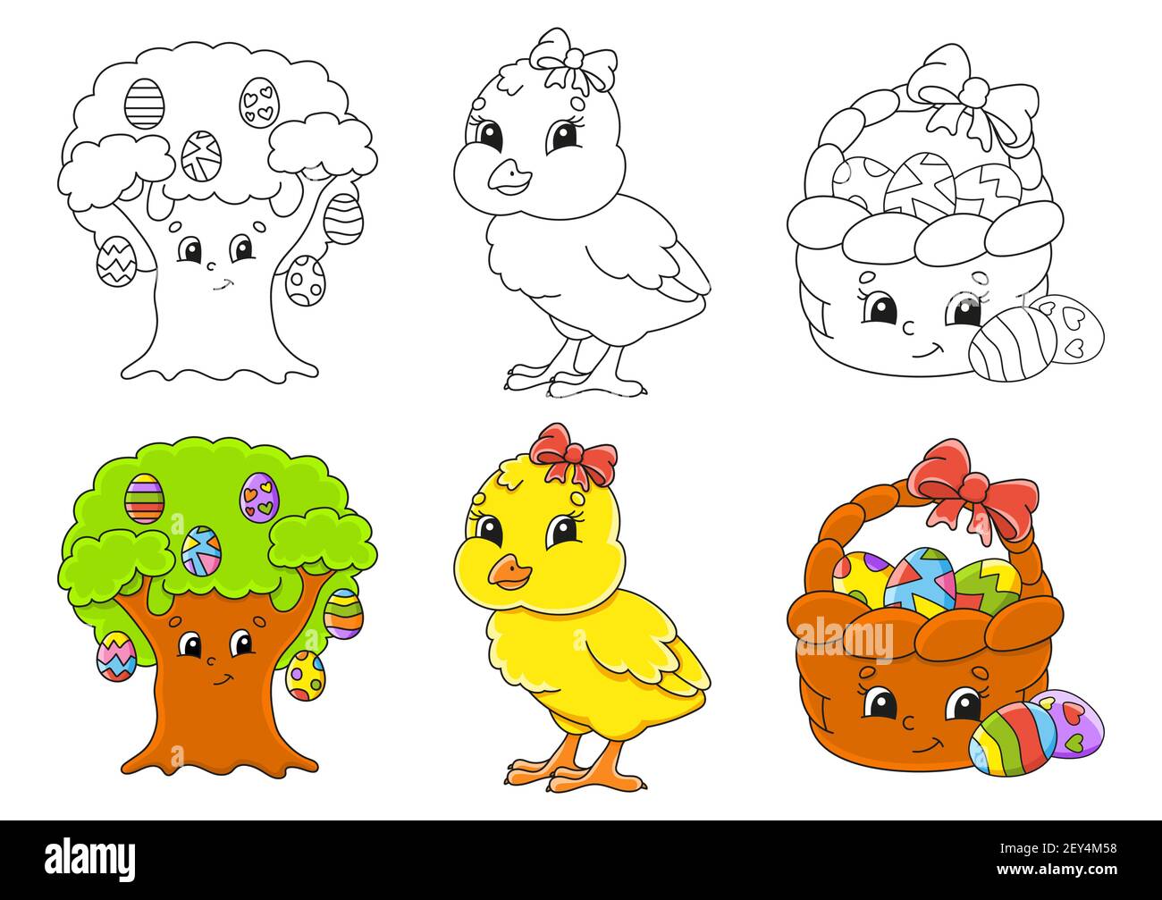 Easter theme. Set coloring page for kids. Cute cartoon characters ...