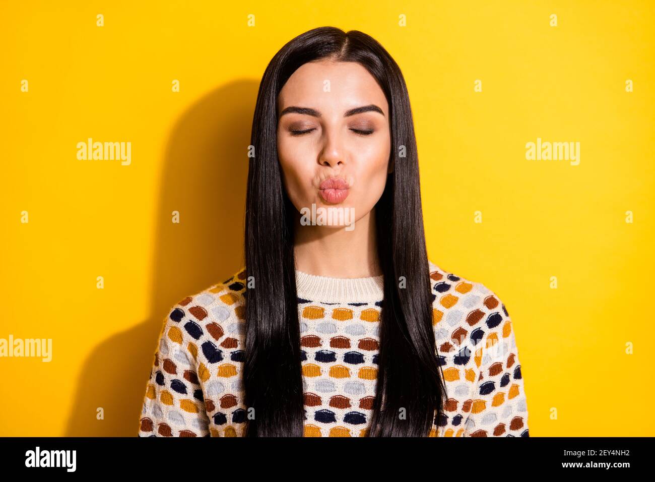 Photo Of Young Attractive Girl Pouted Lips Send Air Kiss Feelings Date Romantic Isolated Over