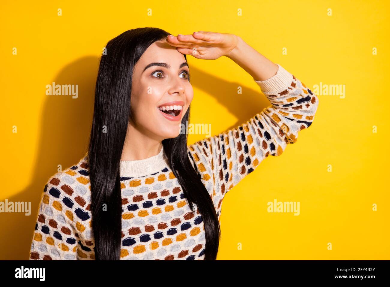 Photo of young excited girl happy positive smile shocked surprised look ...