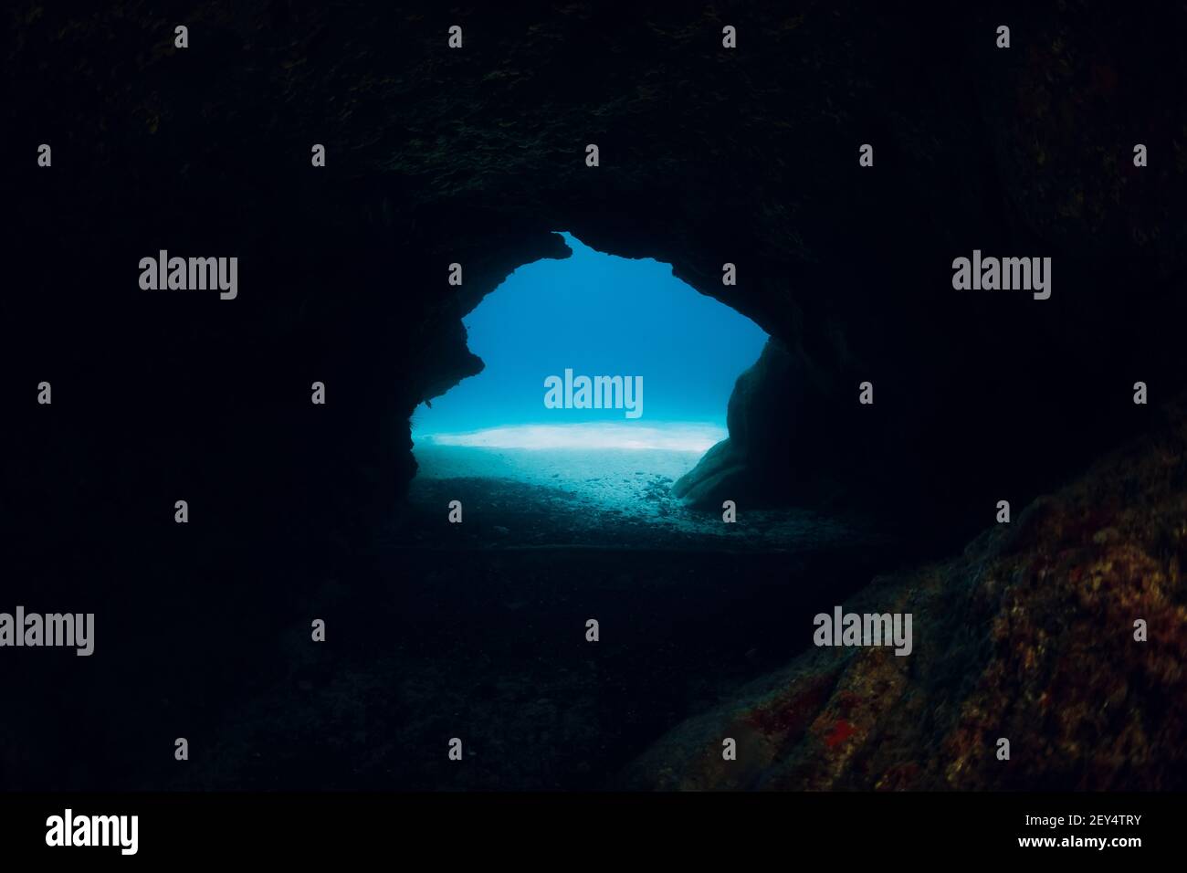 Underwater scene with rocky cave in blue ocean Stock Photo - Alamy