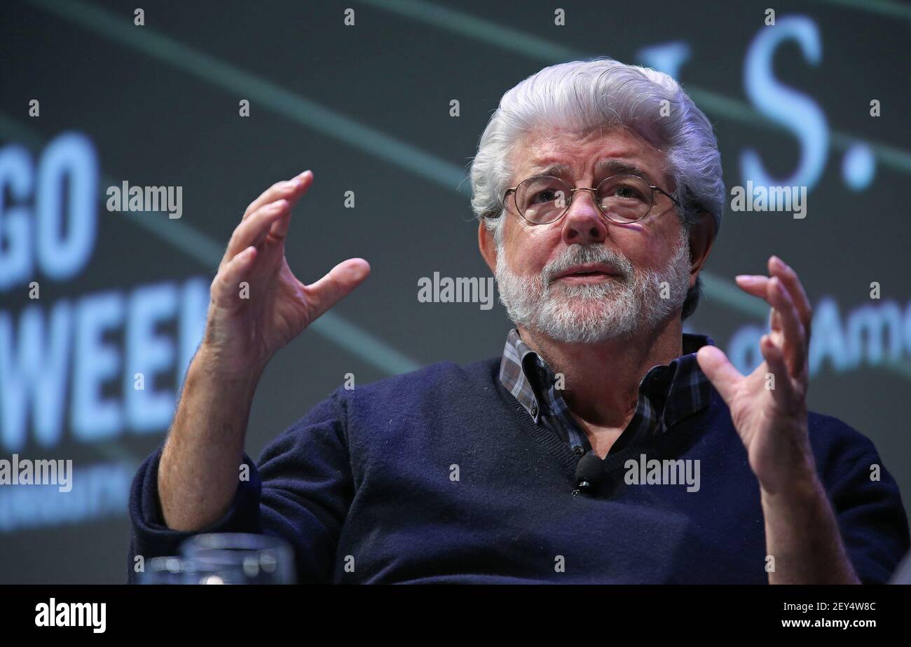 George Lucas is interviewed by Charlie Rose during a Chicago Ideas Week ...