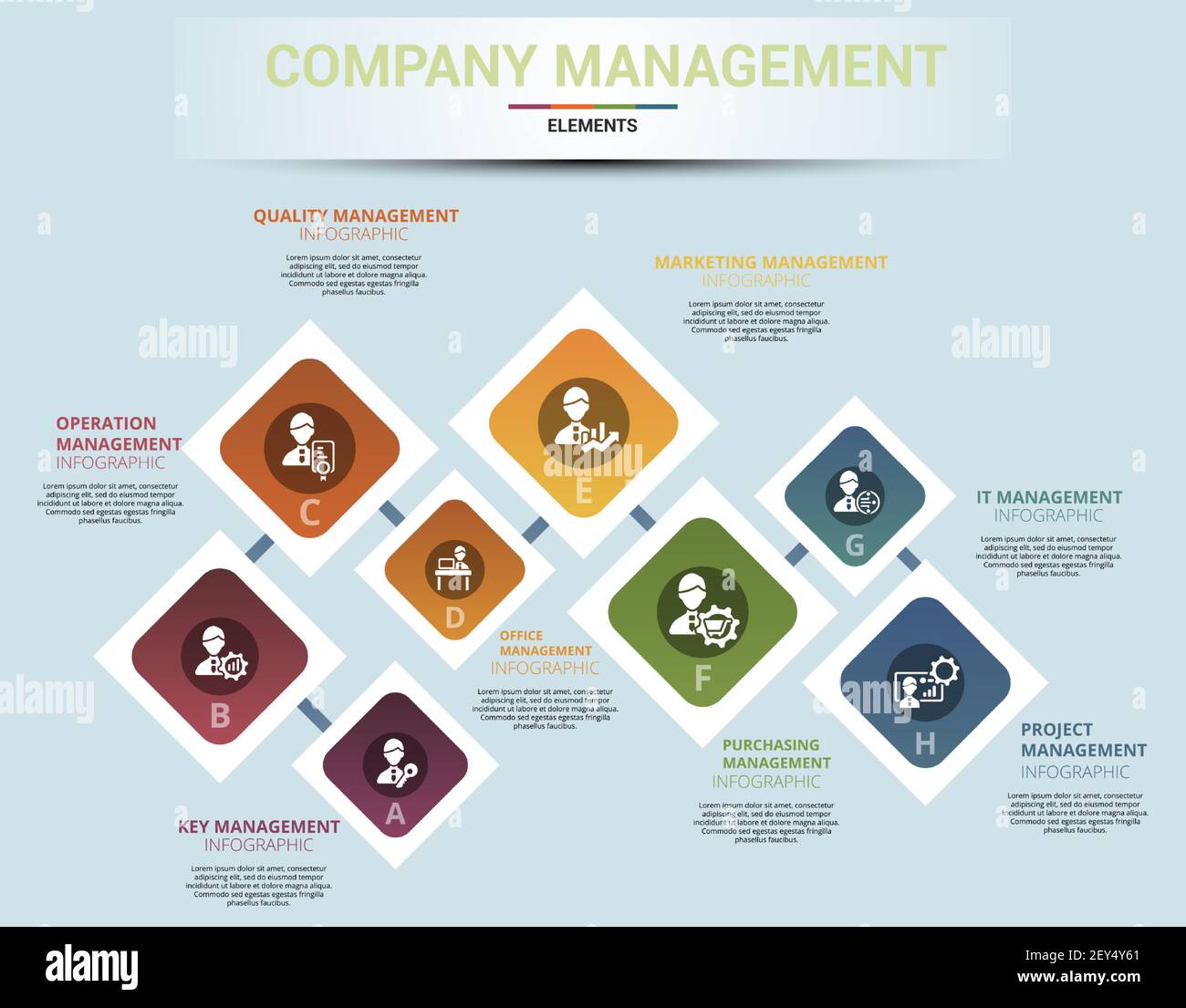 Infographic Company Management template. Icons in different colors ...