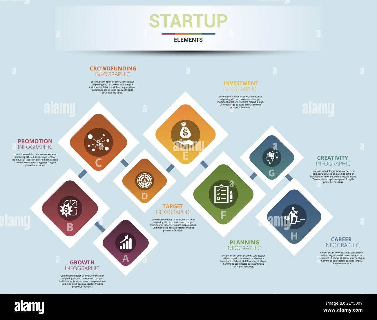 Infographic Startup template. Icons in different colors. Include Partnership, Precision, Career ...