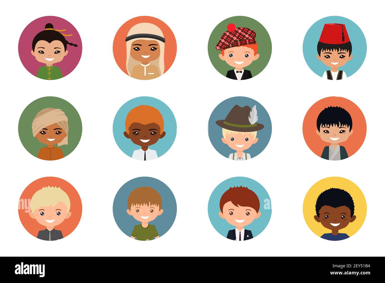 User icons of men of different nation on multicolor background. Cartoon ...