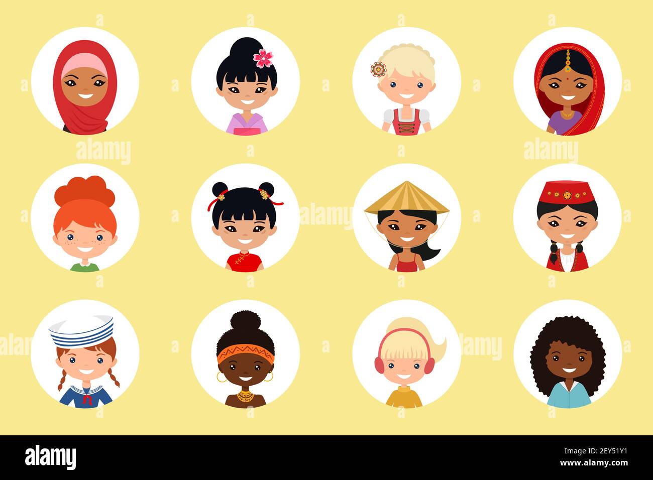 User icons of women of different nation on light background. Cartoon ...