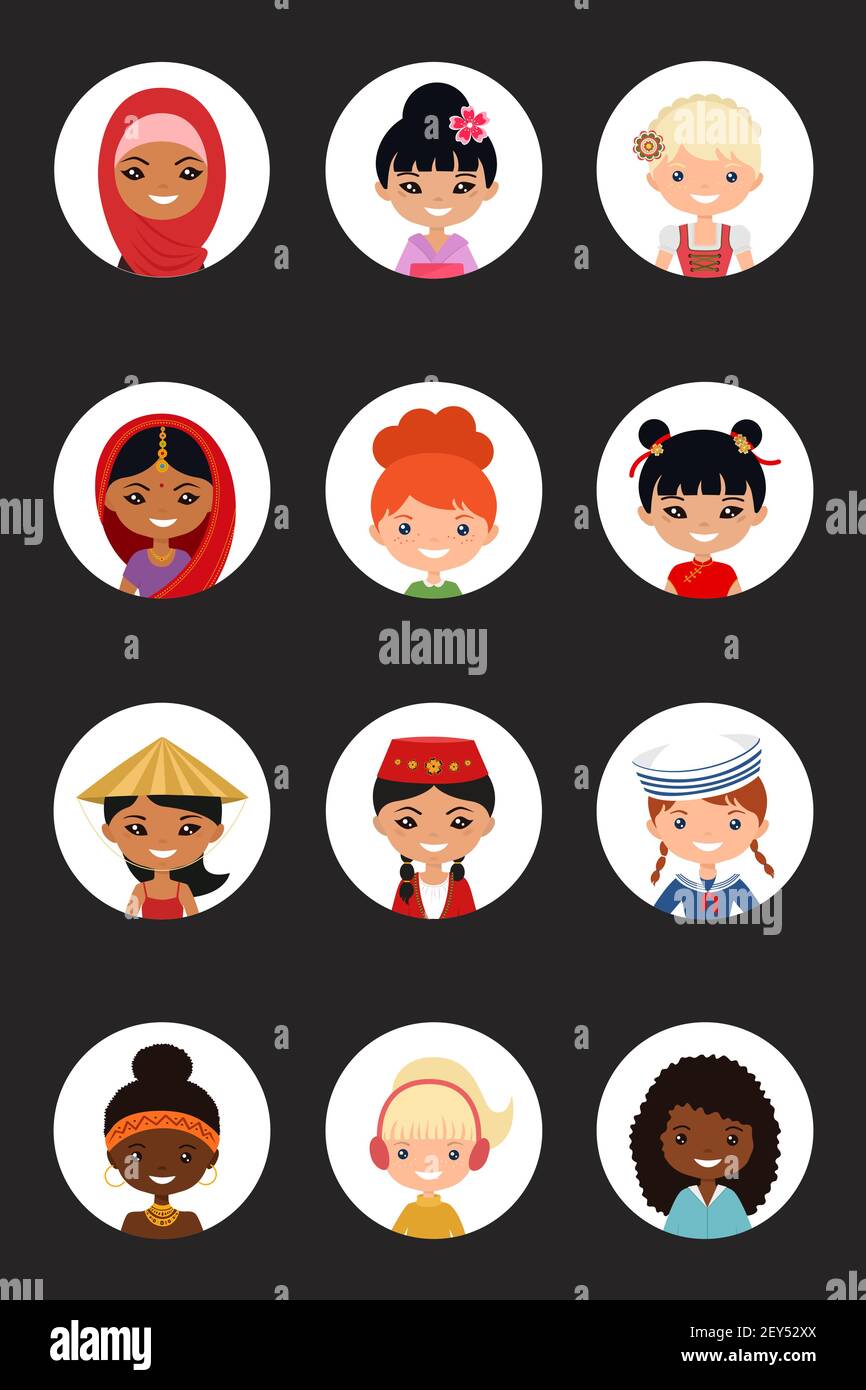 Icons set of users of women of different nationalities on dark ...