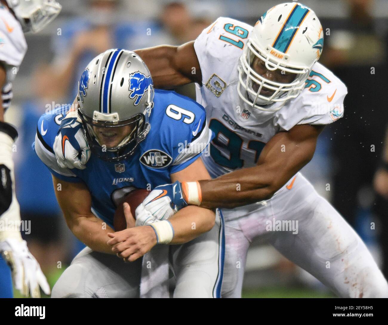 Miami Dolphins' Cameron Wake sacks Detroit Lions' Matthew Stafford in ...