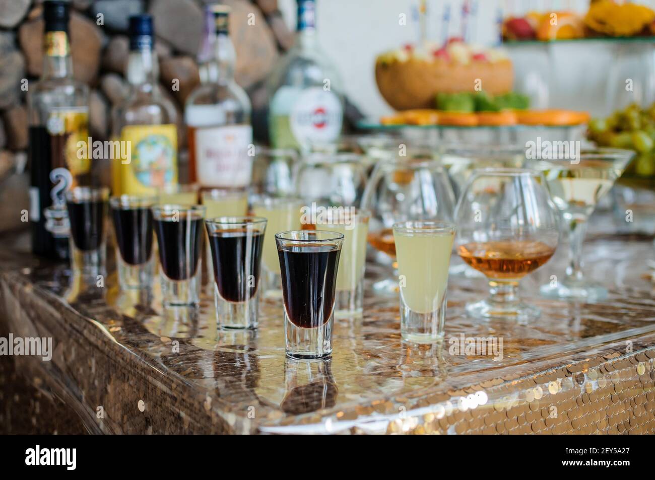 Wedding buffet. Festive buffet. Alcoholic cocktails with different ...