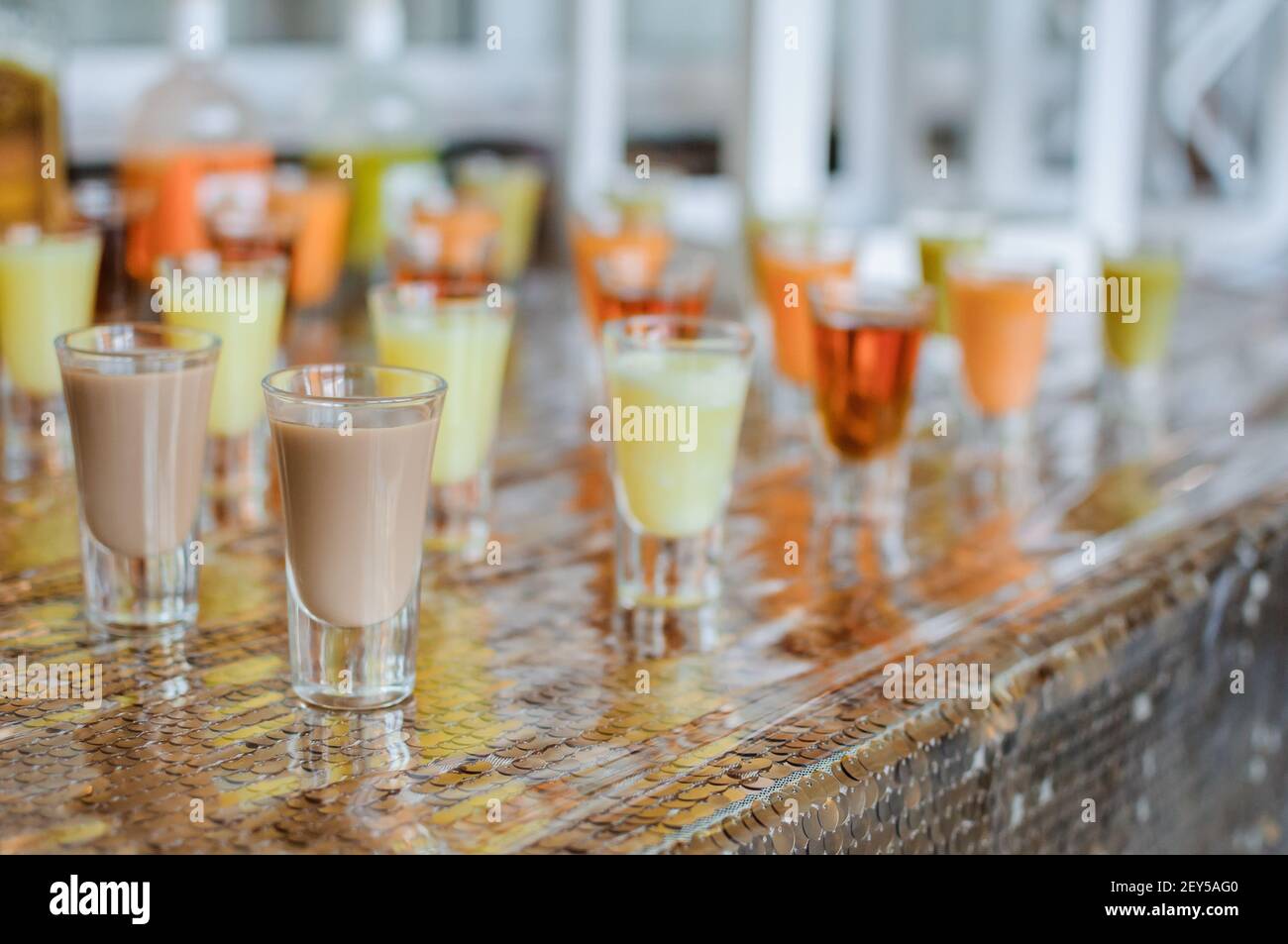 Wedding buffet. Festive buffet. Alcoholic cocktails with different ...