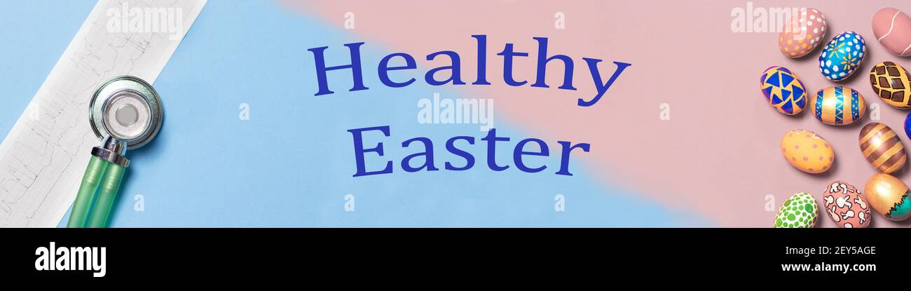 A medical banner with a stethoscope and an ECG with an Easter concept ...