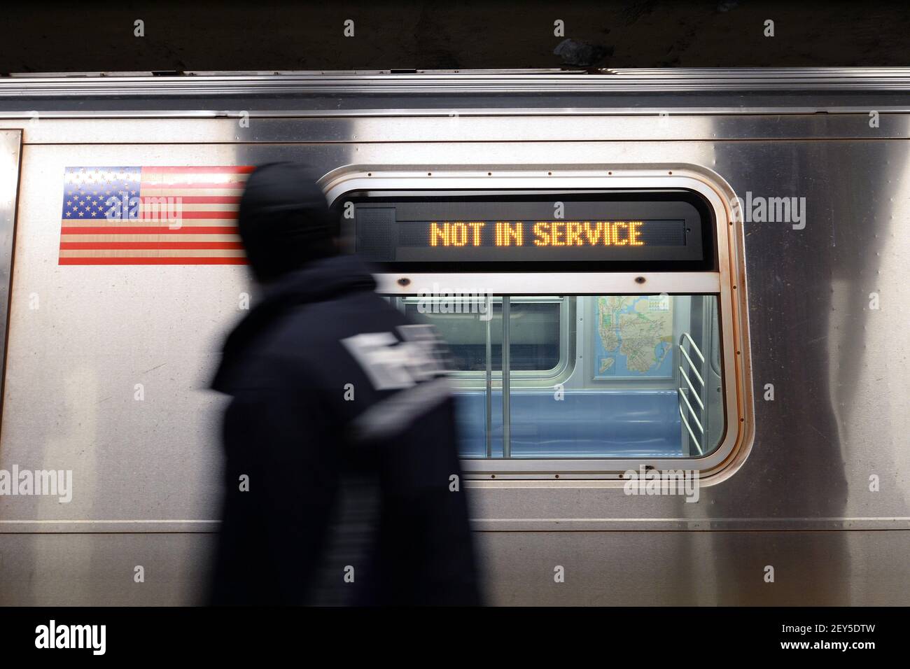 FILE PHOTO: A Brooklyn bound MTA E Train Subway Car displays "Not In ...