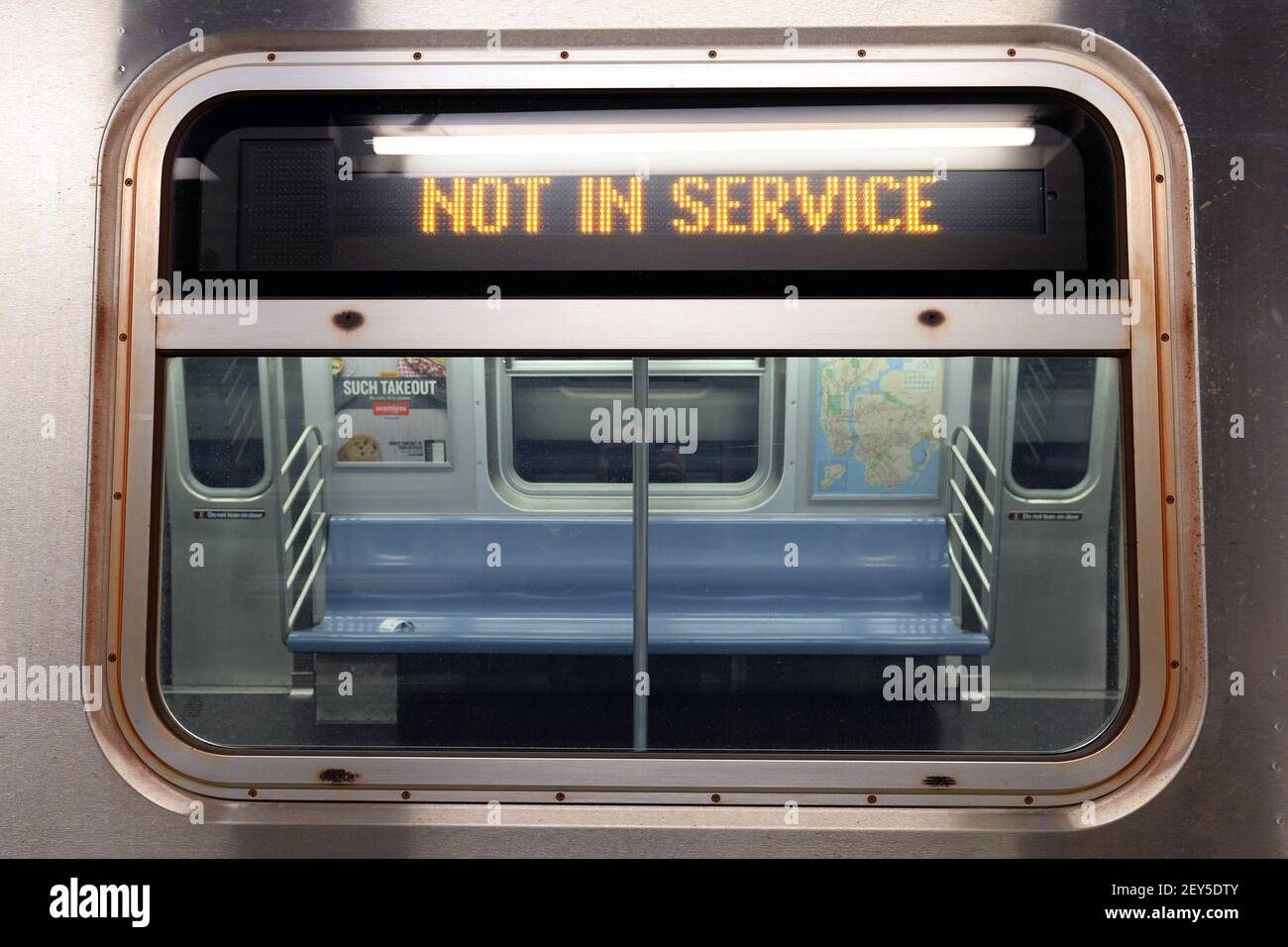 FILE PHOTO: A Brooklyn bound MTA E Train Subway Car displays "Not In ...